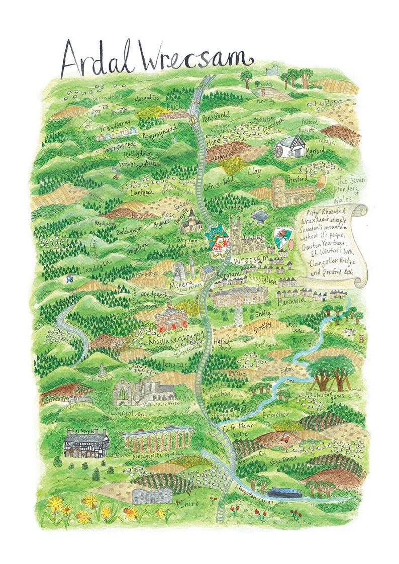 Illustrated Wales Map Map of Wrexham Wrexham North Wales | Etsy