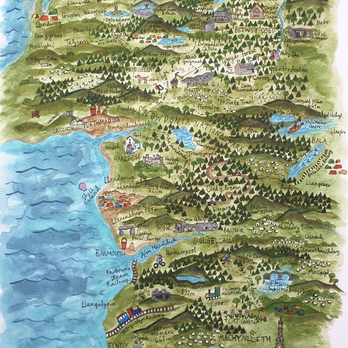 Map of Snowdonia North Wales Art Illustrated Map Print - Etsy