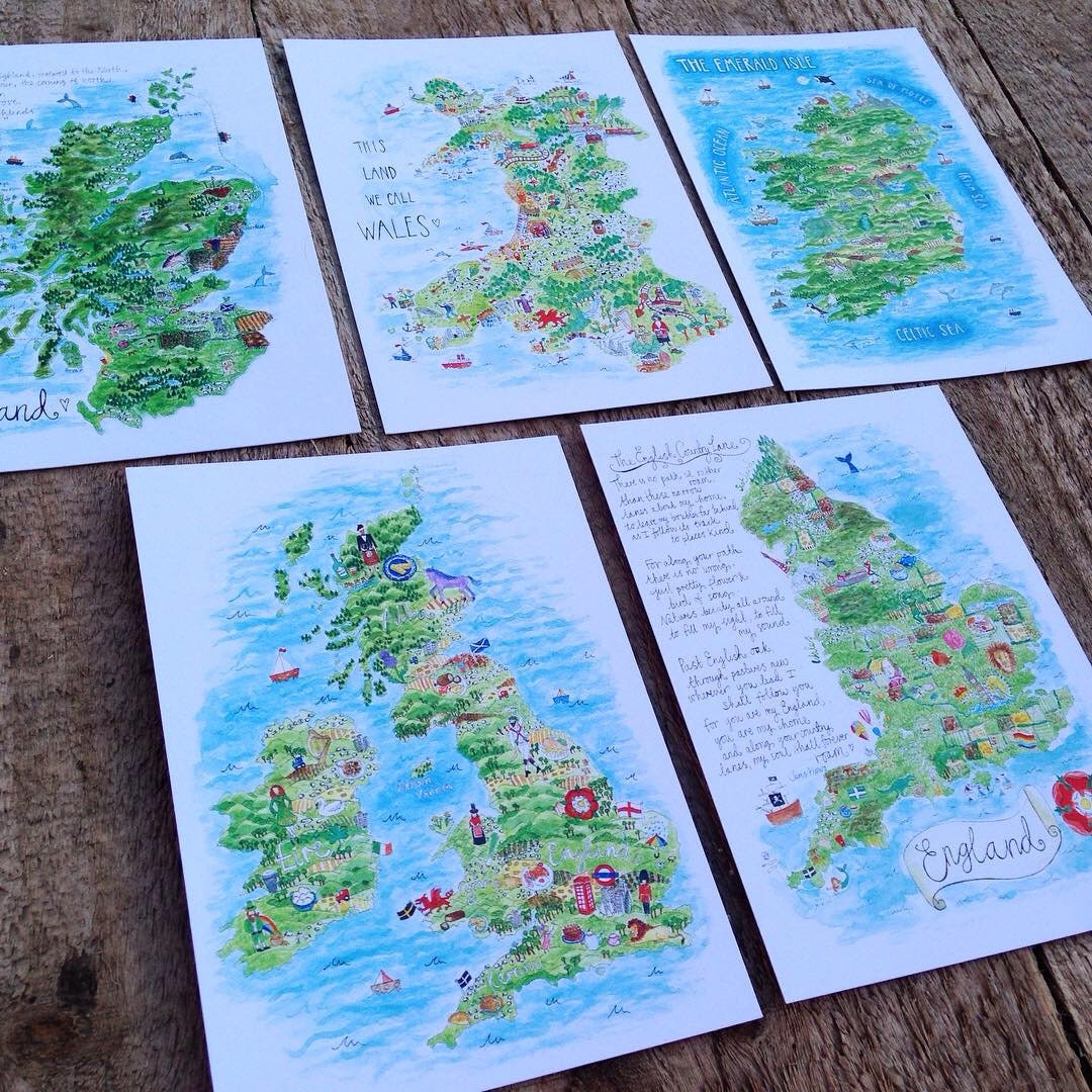 Illustrated Map Postcards, UK and Ireland, Postcard Collection, Travel ...