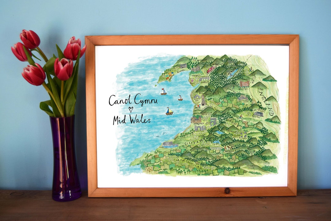 Wales Map Art, Mid Wales, Welsh Gift, Landscape Art, Illustrated Map - Etsy