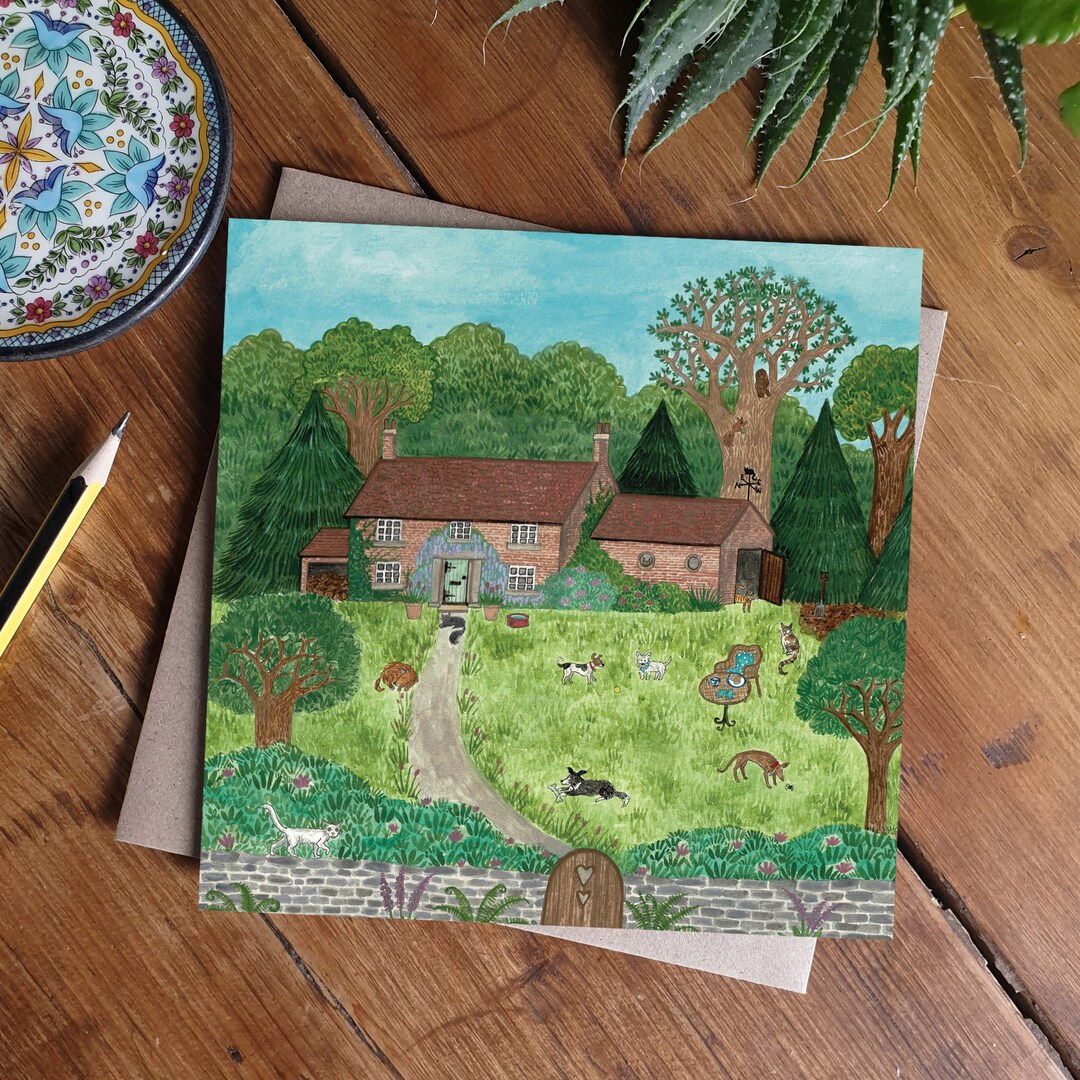 Country Cottage Cats and Dogs Greeting Card - Etsy