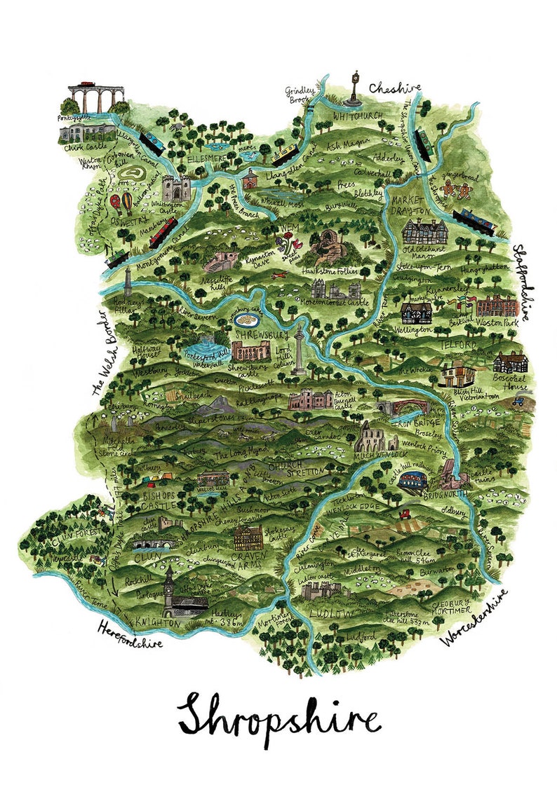 Illustrated Map of Shropshire Art Print - Etsy UK