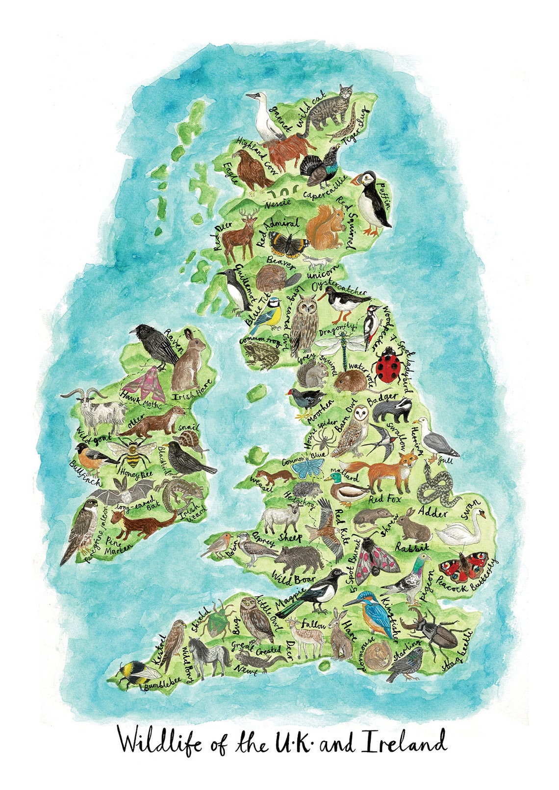 British Wildlife Map Animal Art Print - Etsy