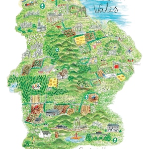 North Wales Map Print, Illustrated Map of Wales, North East, Gogledd ...