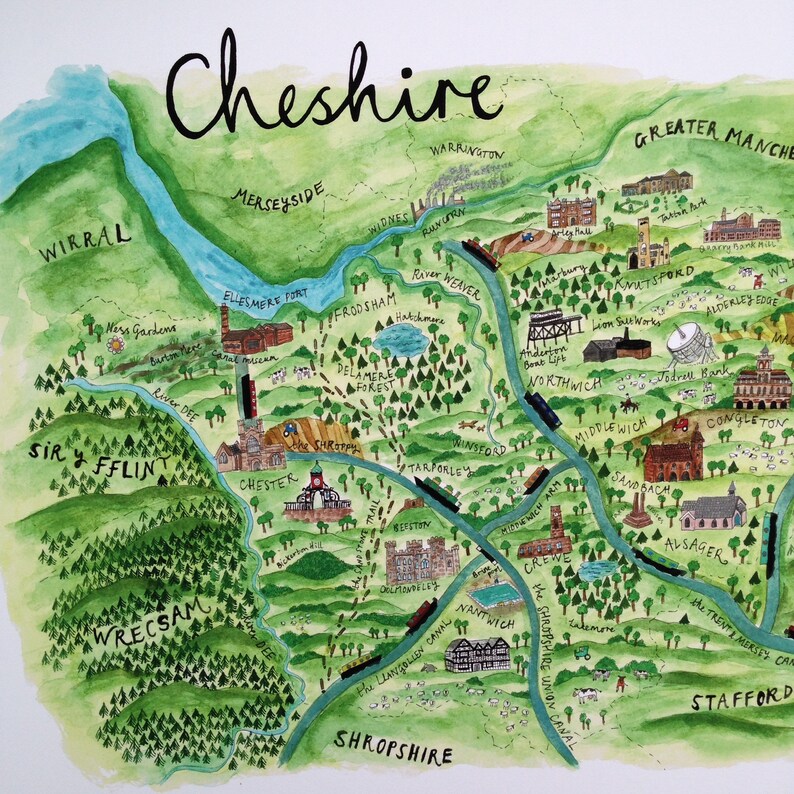 Illustrated Map of Cheshire Map Art Northern England Map | Etsy