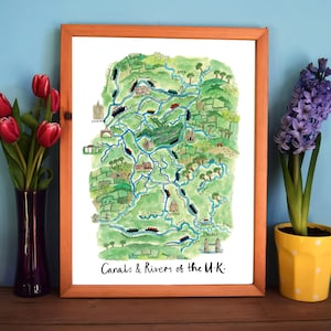 Canal and River Map, Illustrated Map Print, Narrowboat Gift, UK Canals ...