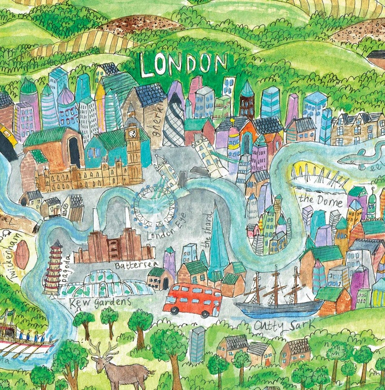 Illustrated Map of the River Thames, Map Illustration, Map Art, the ...
