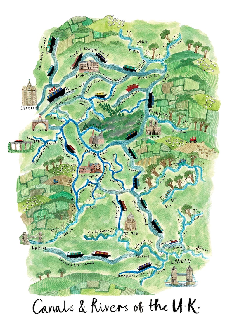 Canal and River Map Illustrated Map Print Narrowboat Gift - Etsy