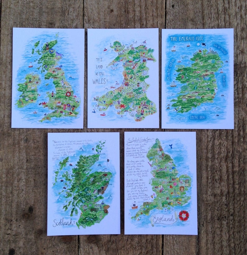 Wales Map Postcards Illustrated Map Cards Welsh Gift - Etsy