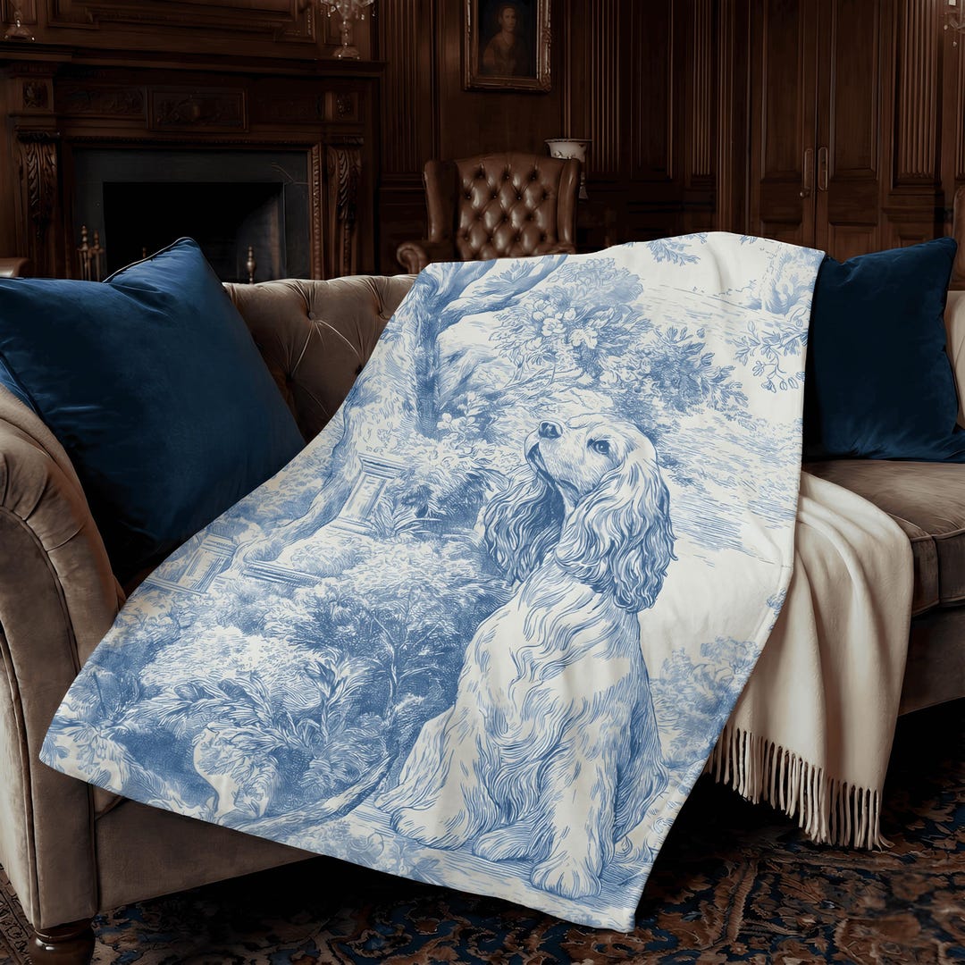 Cocker Spaniel Blanket: Blue Toile De Jouy Throw, Velveteen Plush ...