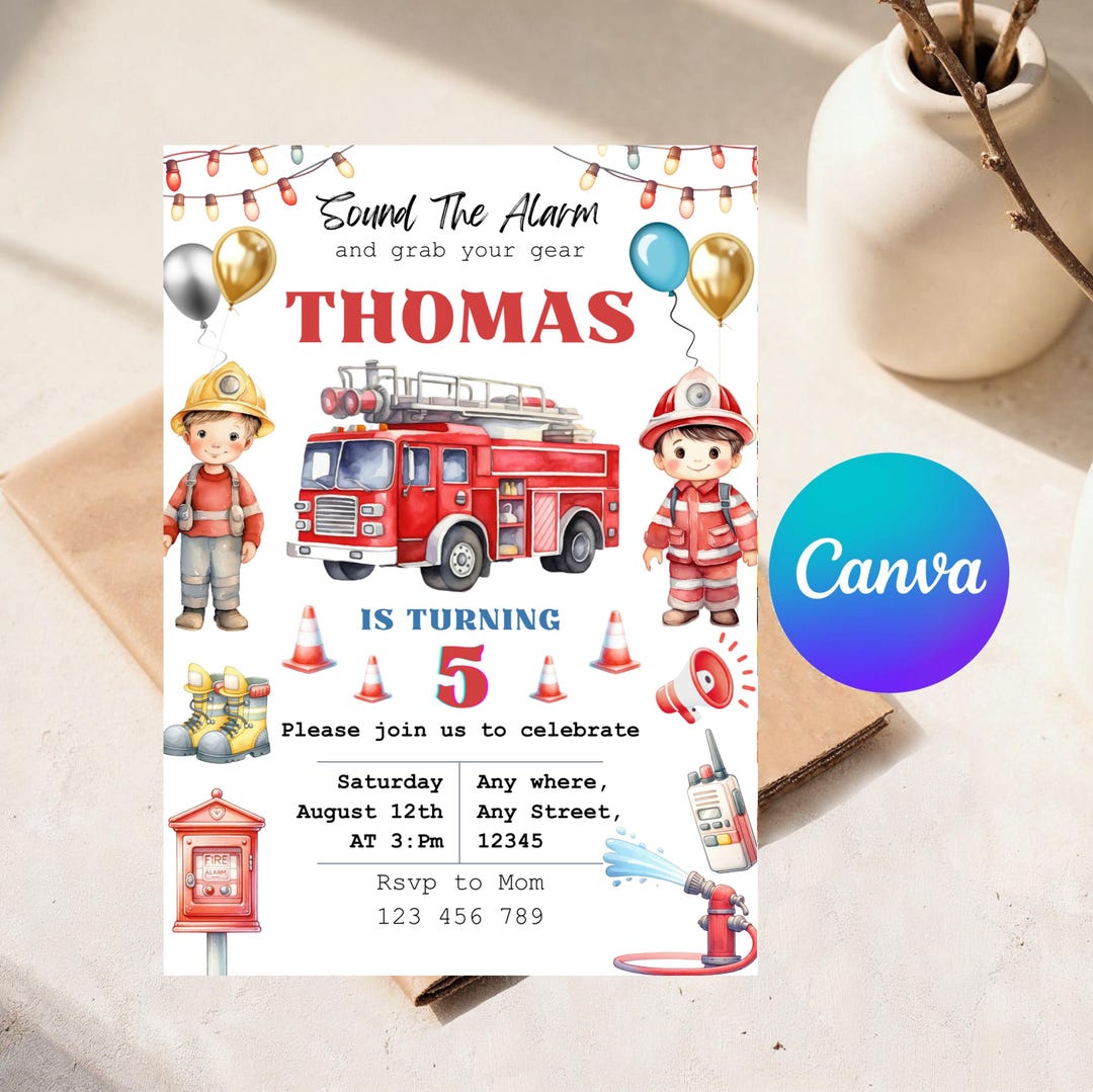 Editable Fire Truck Birthday Invitation Template (5x7 In) (digital ...