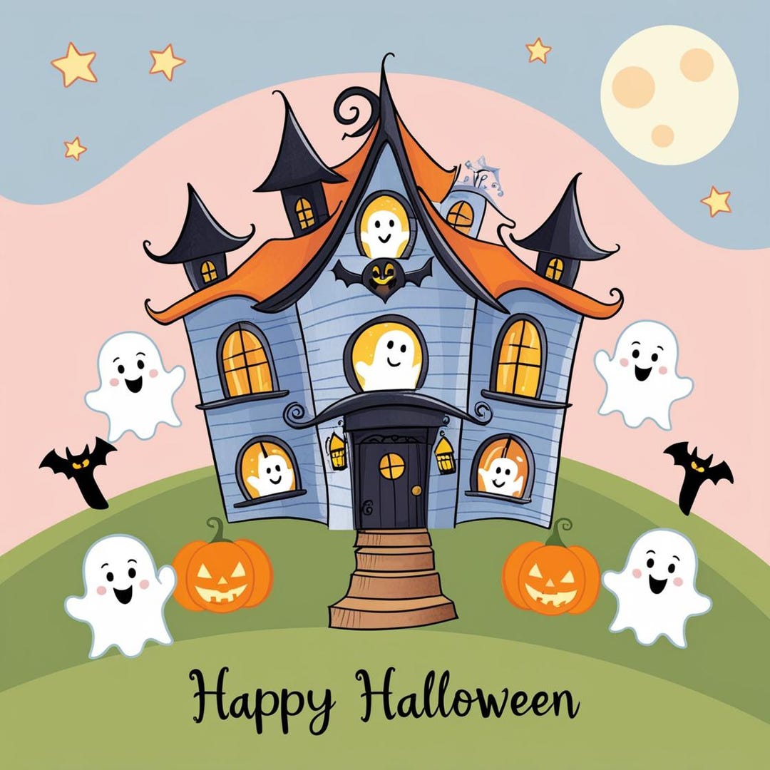 Haunted House Halloween Card – Digital Download, Cute Ghost & Pumpkin ...