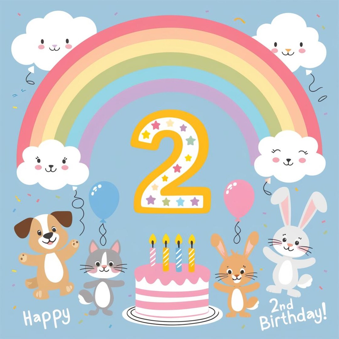 Rainbow 2nd Birthday Card – Digital Download, Cute Animal Printable ...
