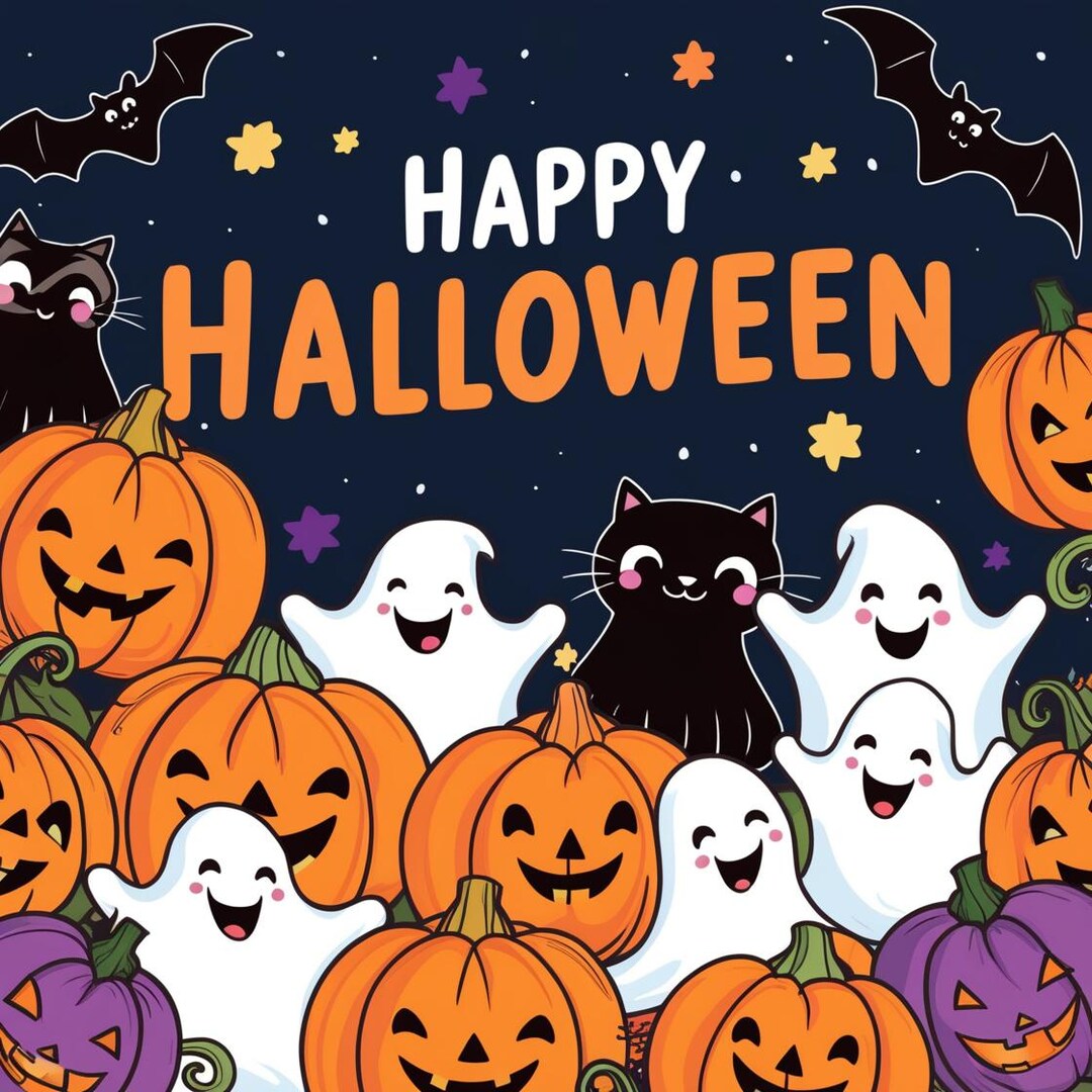 Printable Halloween Card | Cute Ghosts, Pumpkins & Black Cat | Digital ...