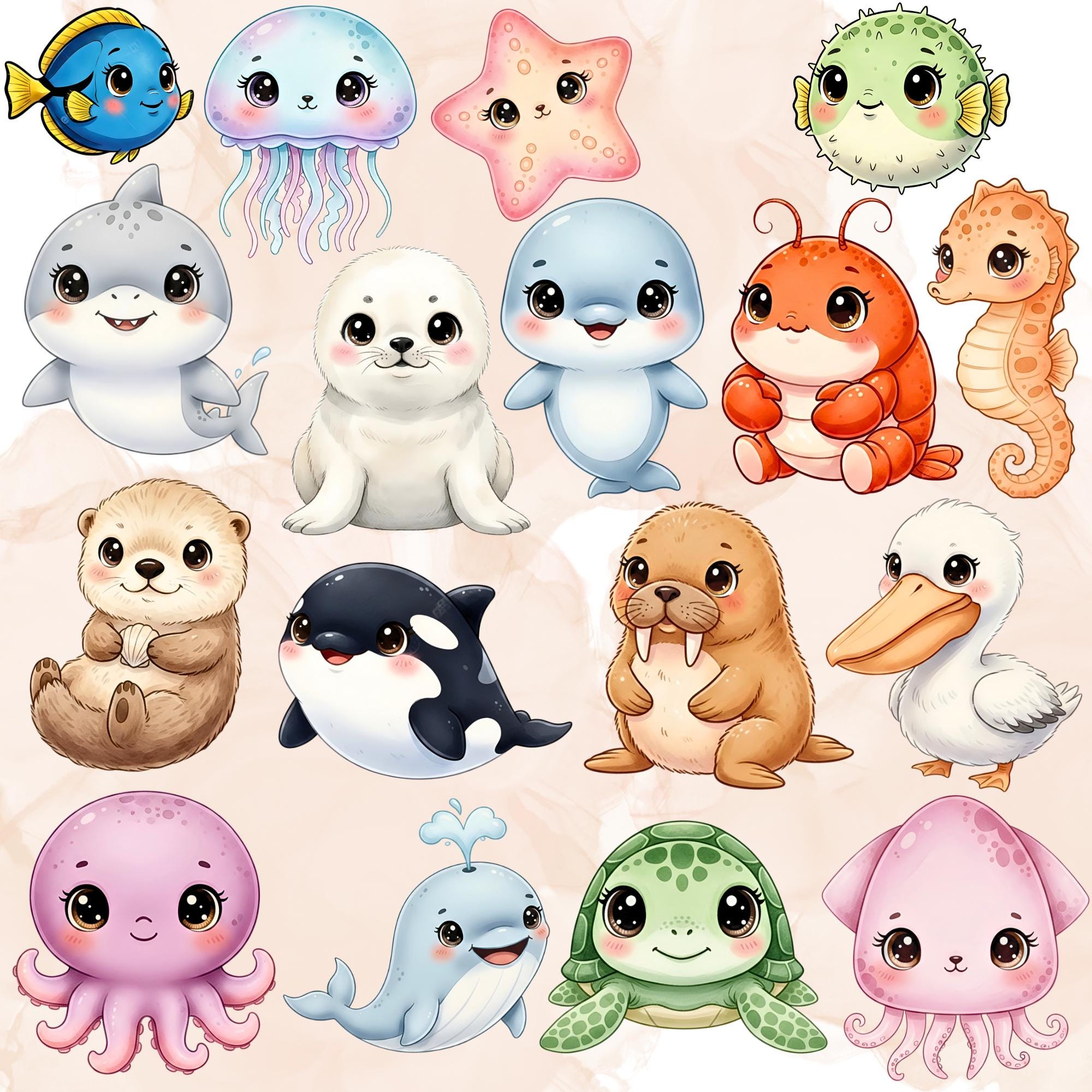 Kawaii Water/sea Animal Clipart, 300 DPI JPEG, Transparent PNG, 4200 X ...