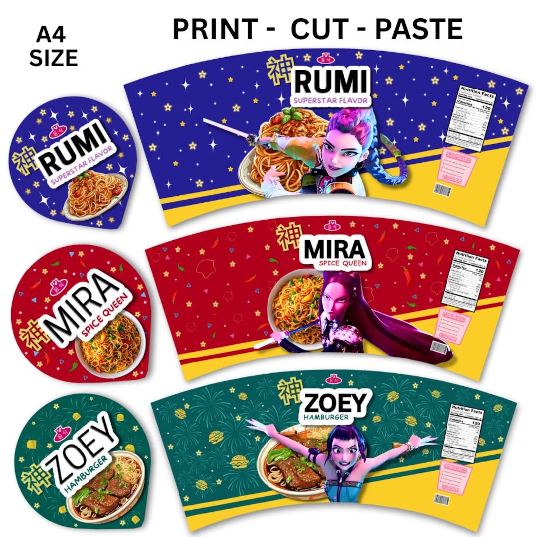 3 Kpop Demon Hunters Ramen Noodle Labels, Mira Rumi Zoey Cup Noodle ...