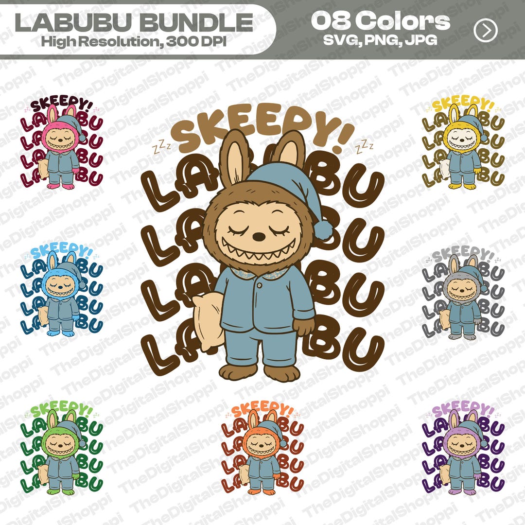 Labubu Sleepy SVG PNG Bundle, Cute Bunny in Pajamas Clipart, Kawaii ...