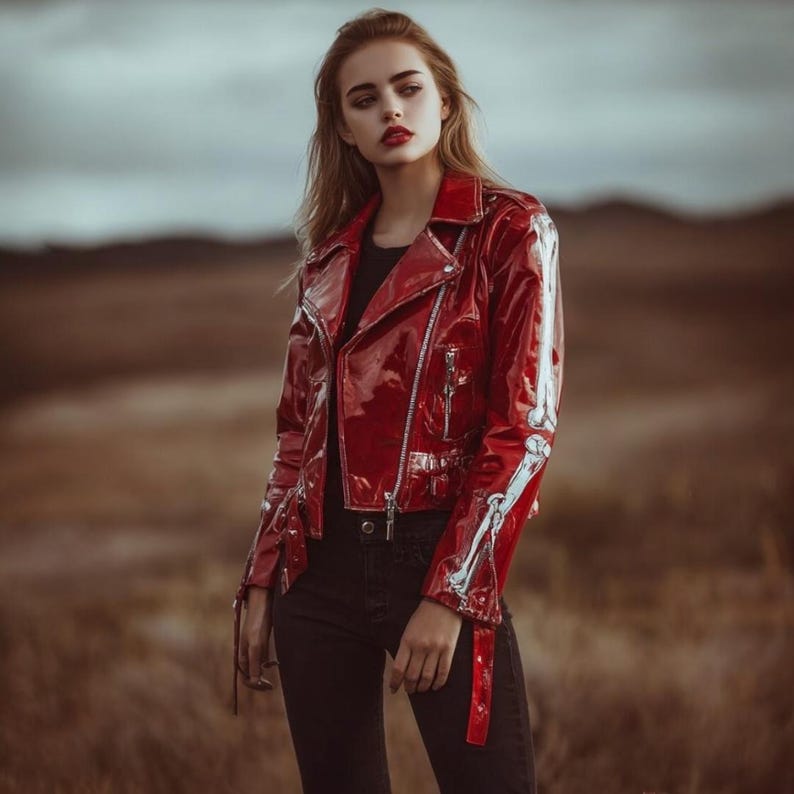 Handmade Red Faux Leather Skeleton Jacket for Women – Gothic Punk Rock ...