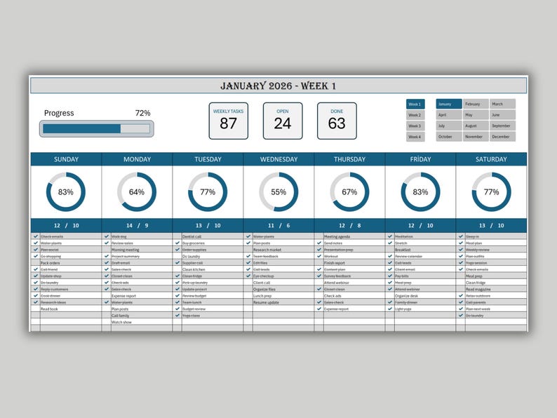 Weekly Planner Excel Spreadsheet | Daily Task Tracker, Progress ...