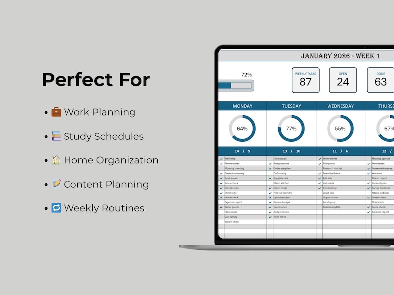 Weekly Planner Excel Spreadsheet | Daily Task Tracker, Progress ...
