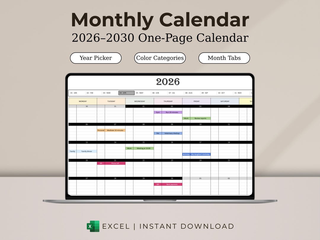 Year at a Glance Calendar Excel, Monthly Calendar, Yearly Planner - Etsy