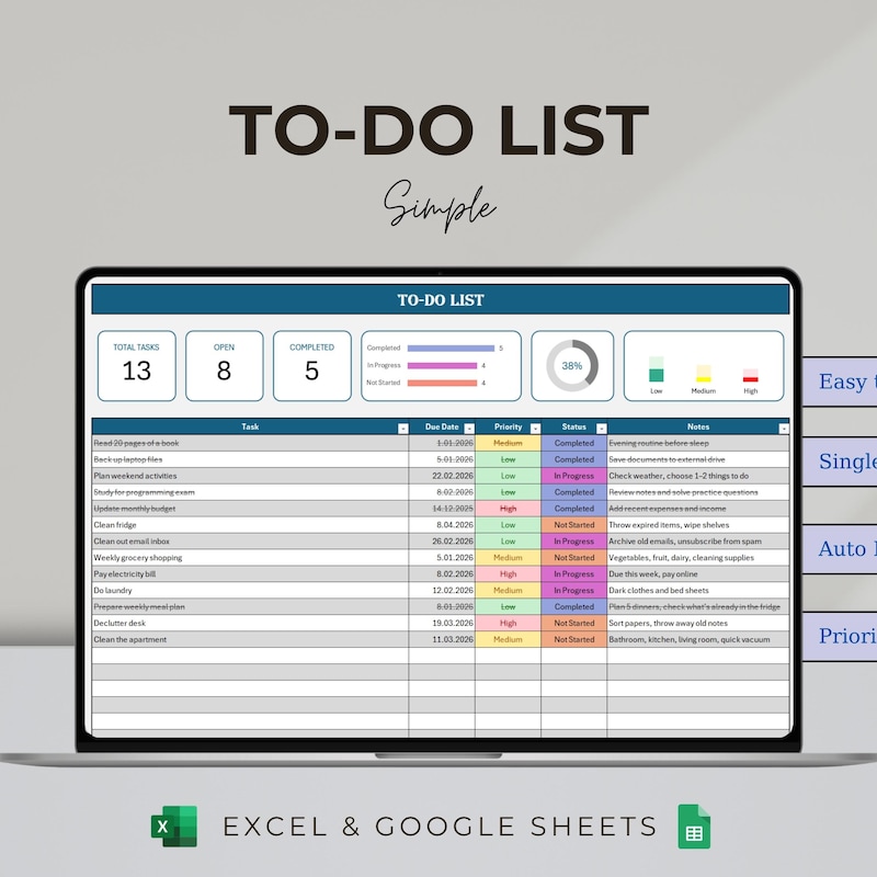To Do Template Simple Excel - Etsy UK
