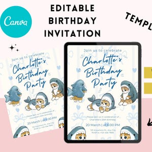 Editable Mofusand Shark Birthday Invitation/cute Cat Shark Theme ...