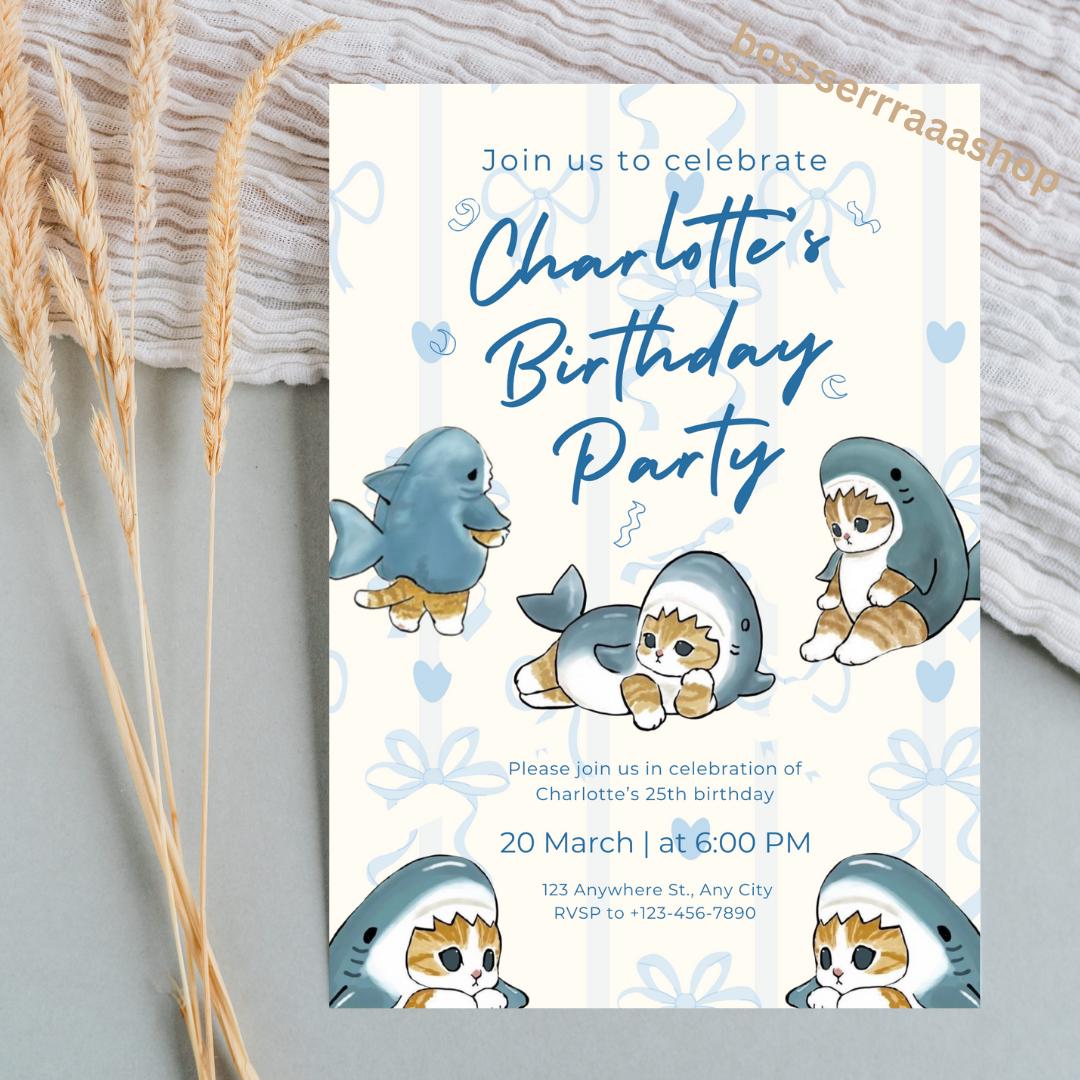 Editable Mofusand Shark Birthday Invitation/cute Cat Shark Theme ...