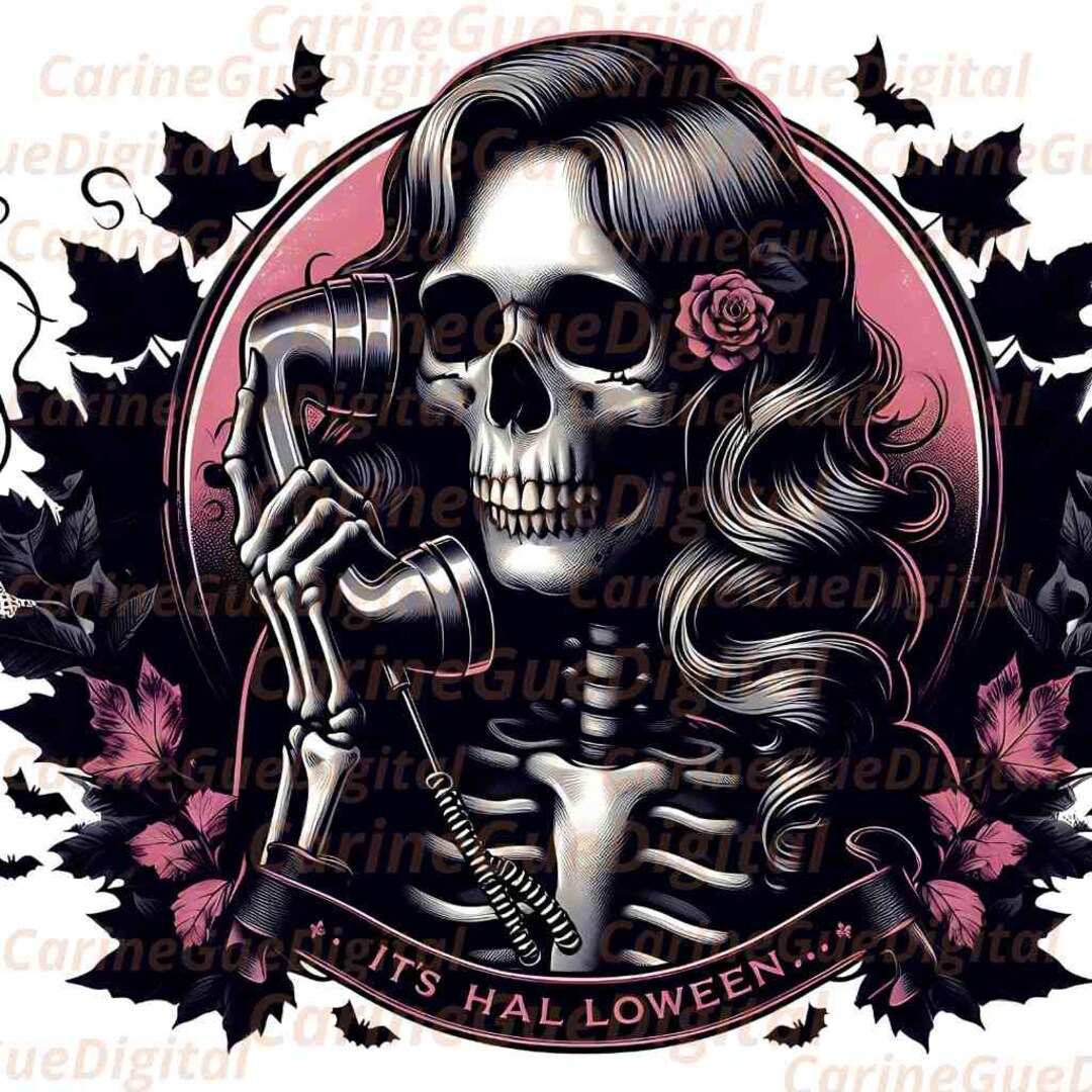Digital Halloween Poster Skeleton Woman on the Phone - Etsy