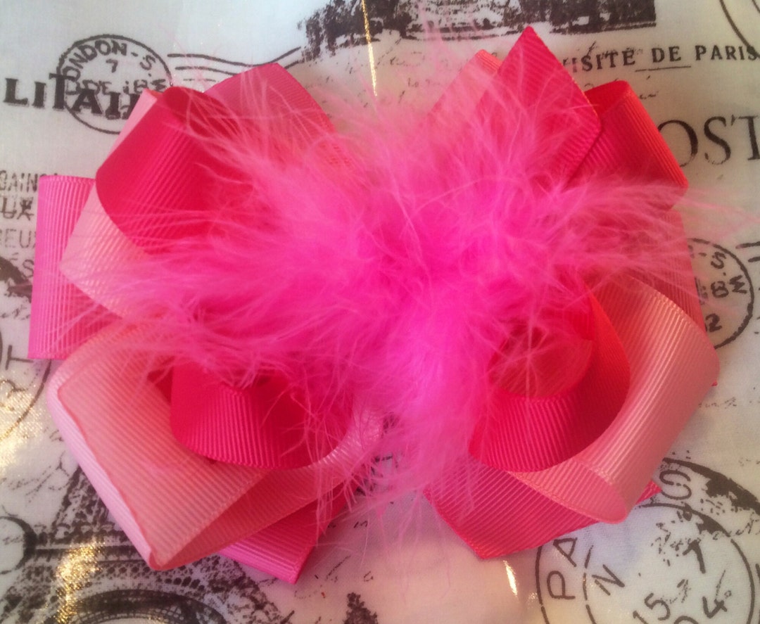 BIG PINK BOW!!! Large Boutique Stacked Hair Bow Topped With Marabou Fur ...