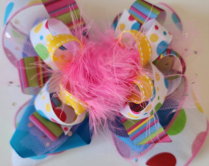 Circus Theme BOW!!! Large Boutique Stacked Hair Bow Topped With Marabou ...