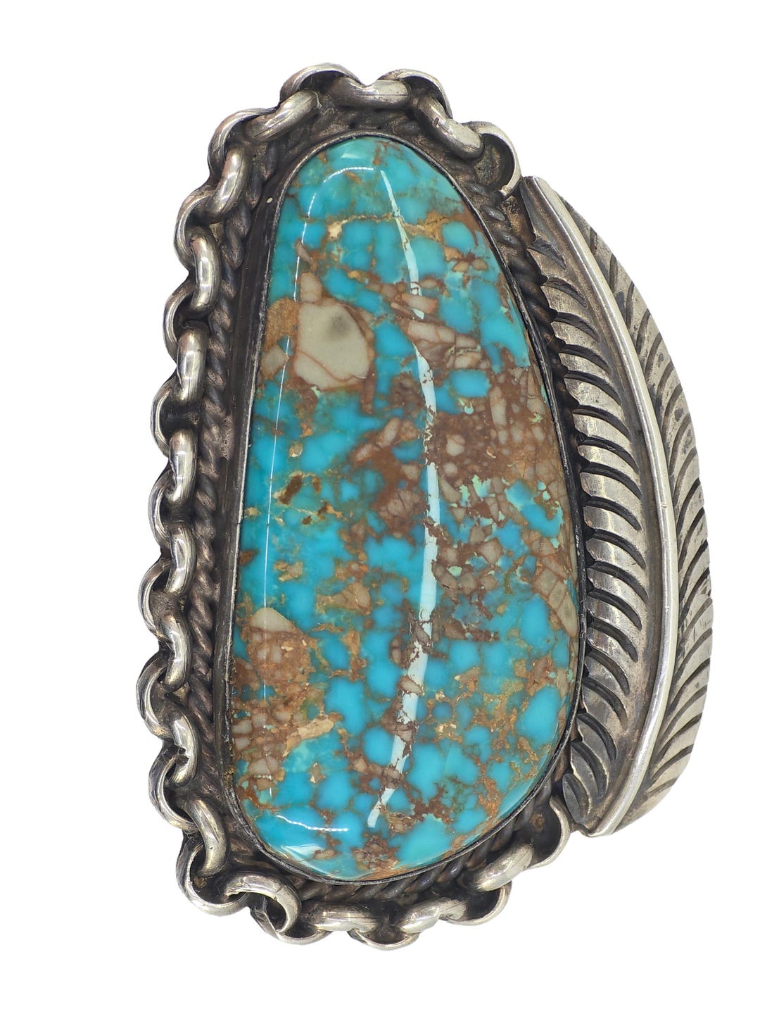 Large Navajo Gem Royston Turquoise (43mmx20mm) Feather Sterling Ring Sz ...