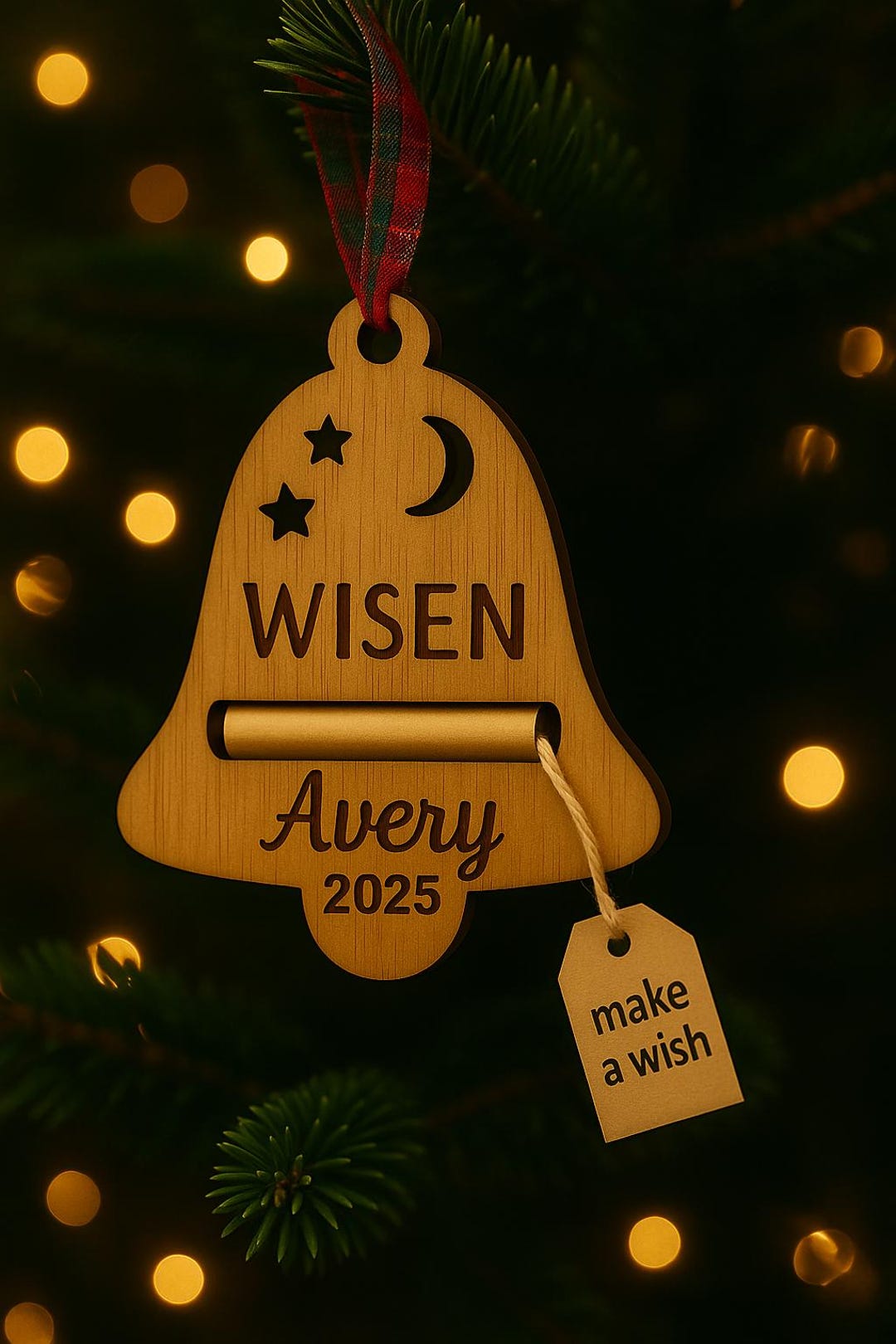 Personalized Wish Bell Christmas Ornament, Laser Engraved Wood Keepsake ...
