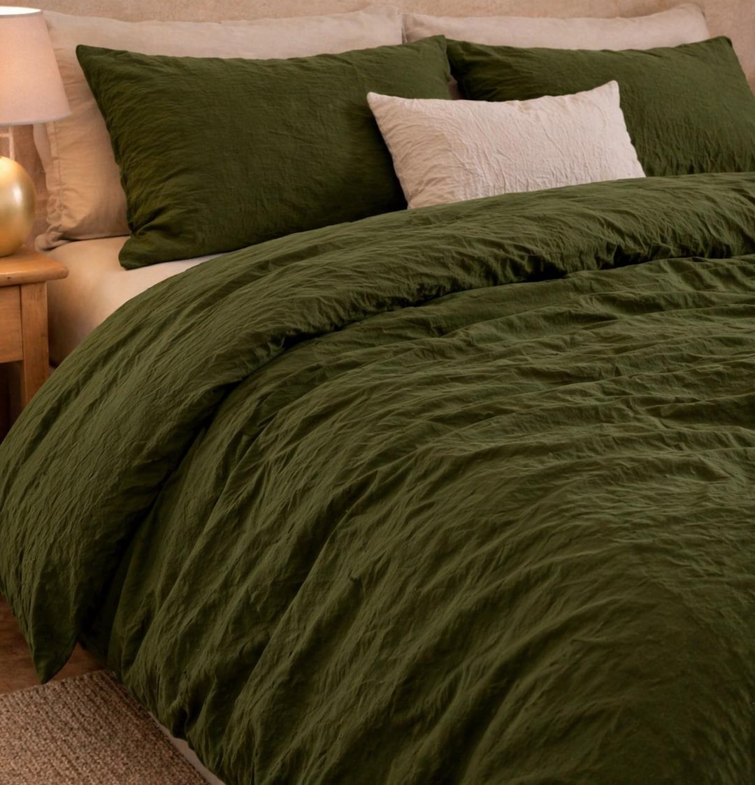 Forest Green Linen Duvet Cover Set – Minimalist Bedroom Style, Natural ...