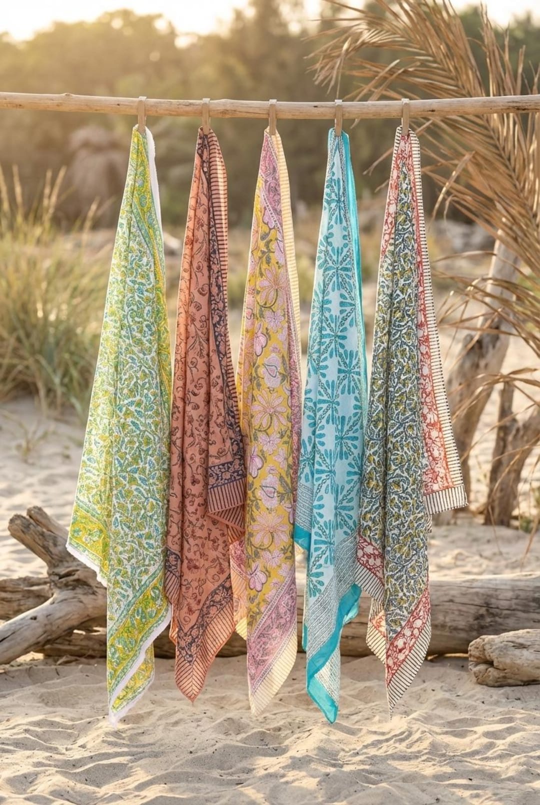 Set of 5 Cotton Sarongs Handmade Block Print Cotton Sarong, Beach Wrap ...