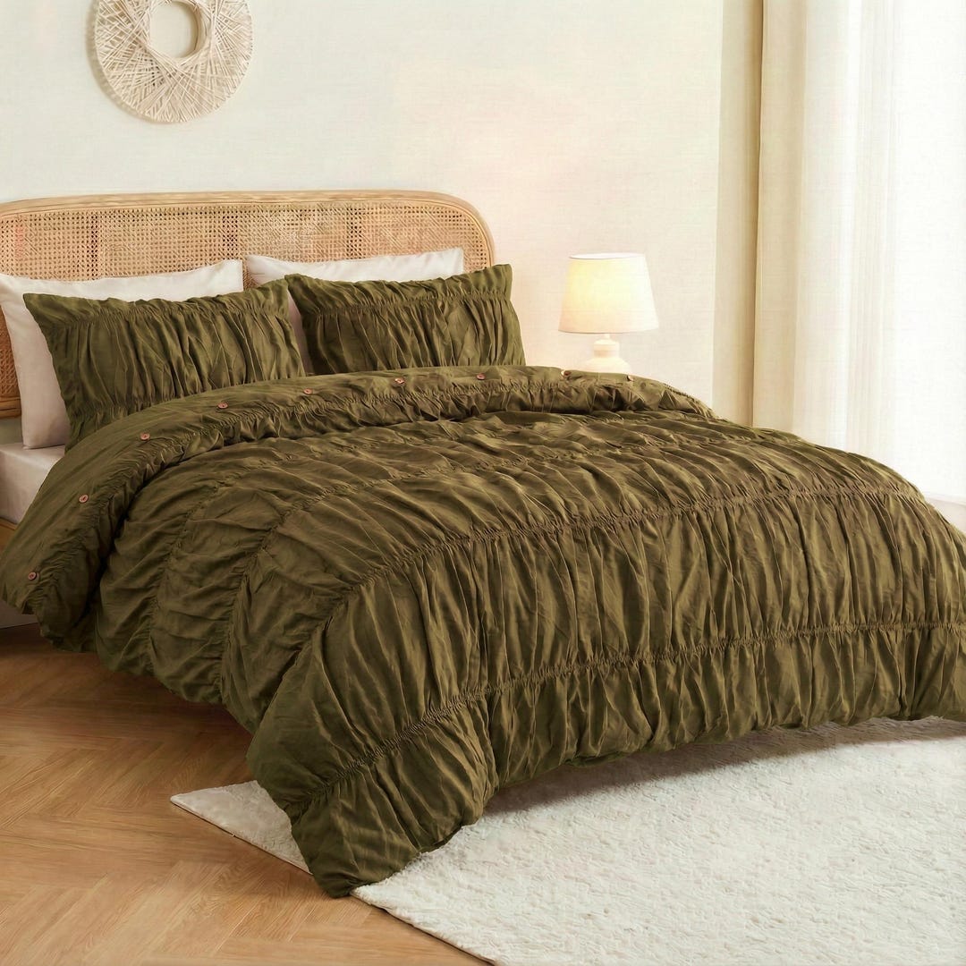 Moss Green Color Pure Cotton Wrinkle Duvet Cover, Boho Comforters ...