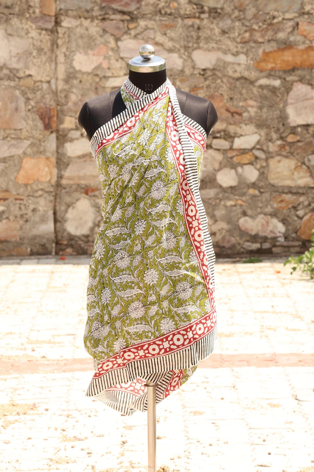 Pareo de algodón verde oliva con estampado de bloques: Estilo bohemio ...