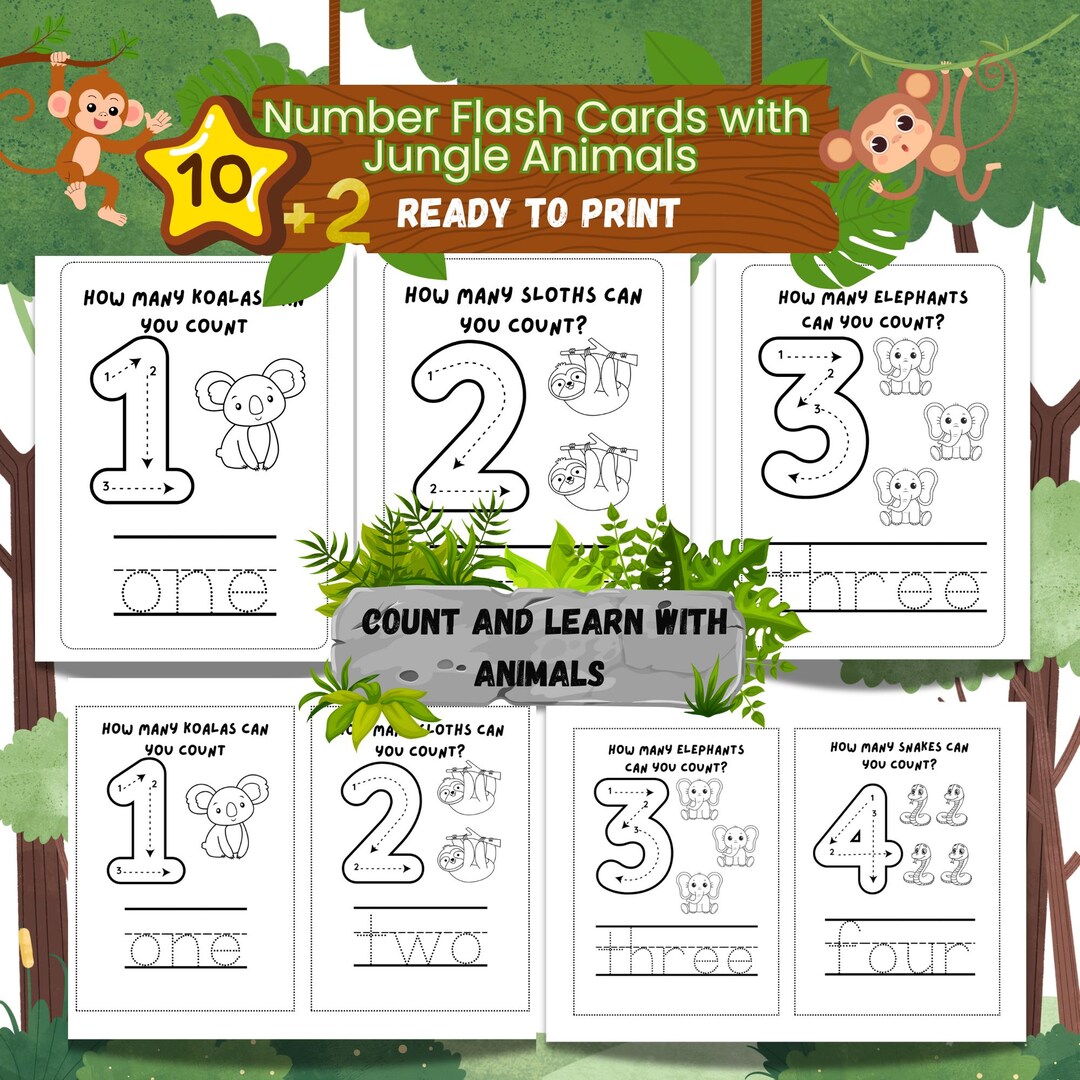 Number Flashcards With Jungle Animals: Trace, Color, Count (printable ...