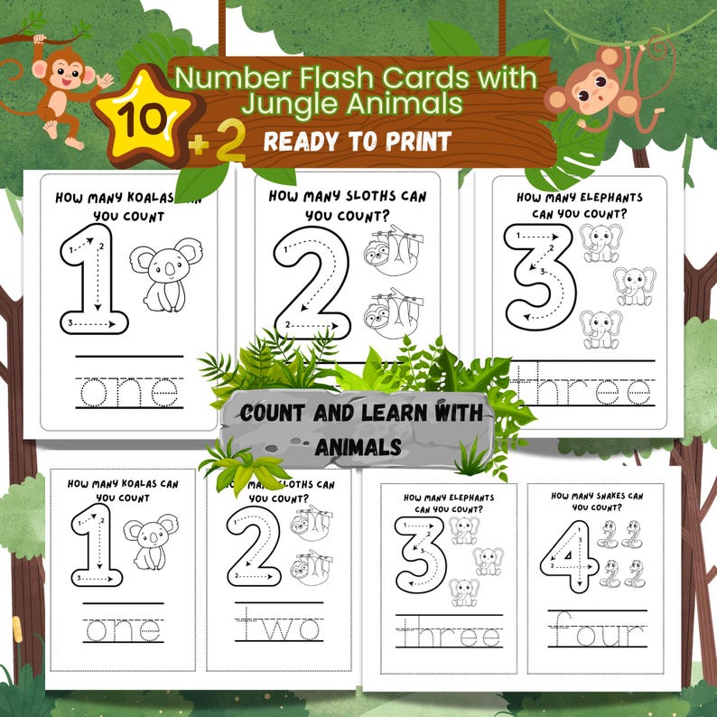 Jungle Animal Number Flashcards: Trace, Color, Count (printable ...