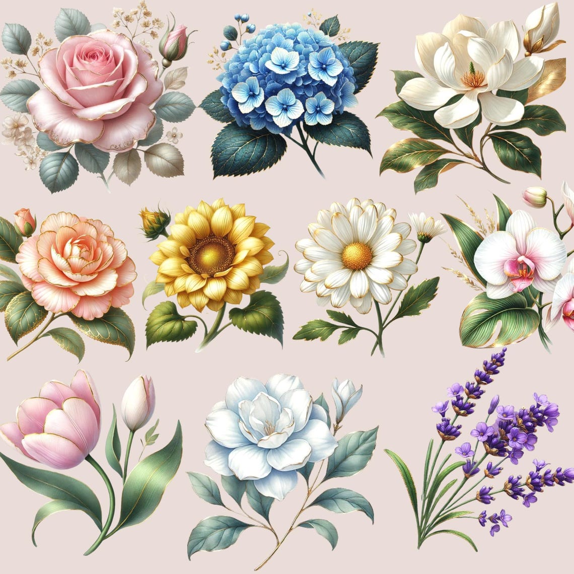 Watercolor Flower Clipart Bundle: Botanical Illustrations (10 Pngs ...