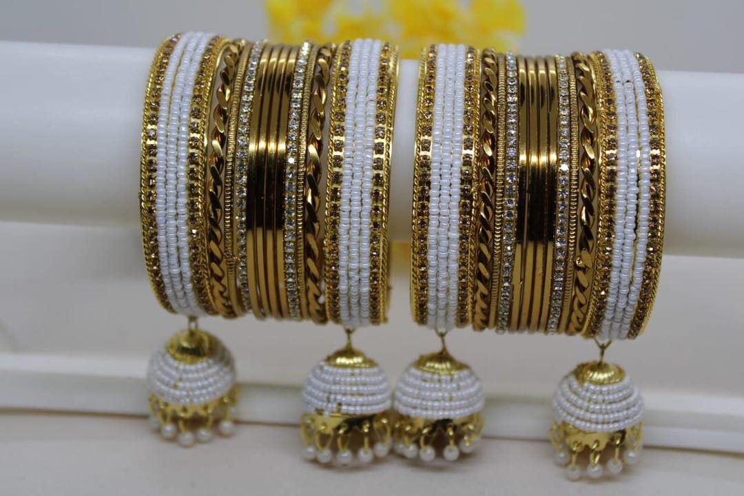 Gold Indian Bridal Bangle Set With Jhumka – Traditional Wedding Jewelry ...