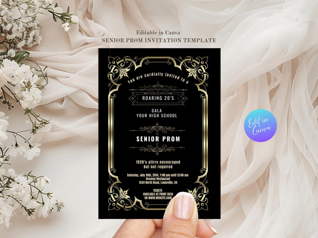 Roaring 20s Senior Prom Invitation, Editable Canva Template, Art Deco ...