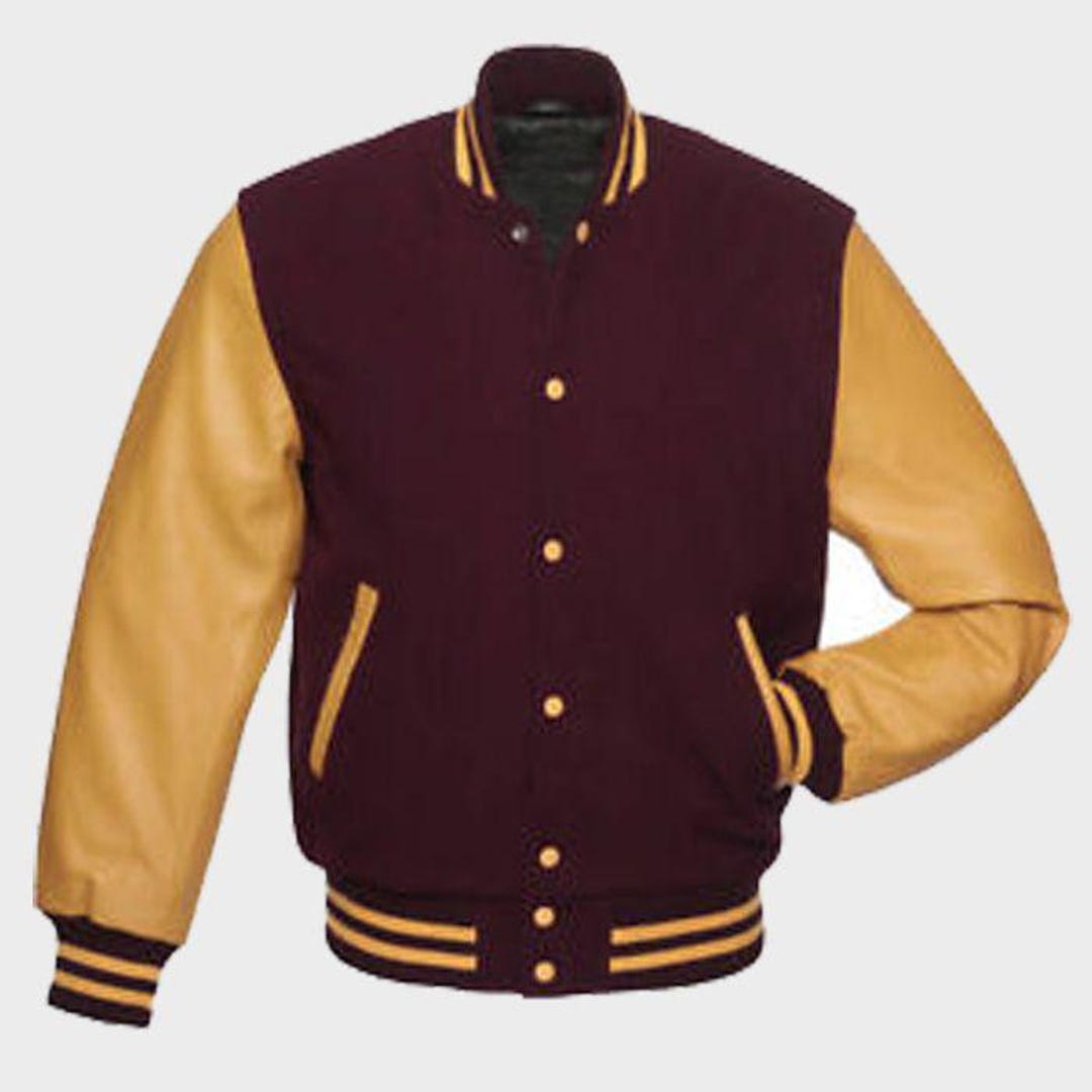 Maroon Varsity Jacket With Gold Leather Sleeves | Unisex Bomber ...