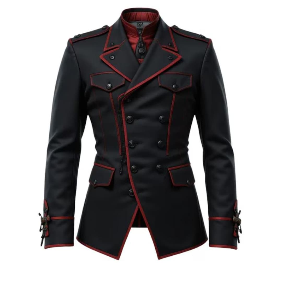 Black Military Jacket: Gothic Steampunk Wool Blend Coat With Red Trim ...