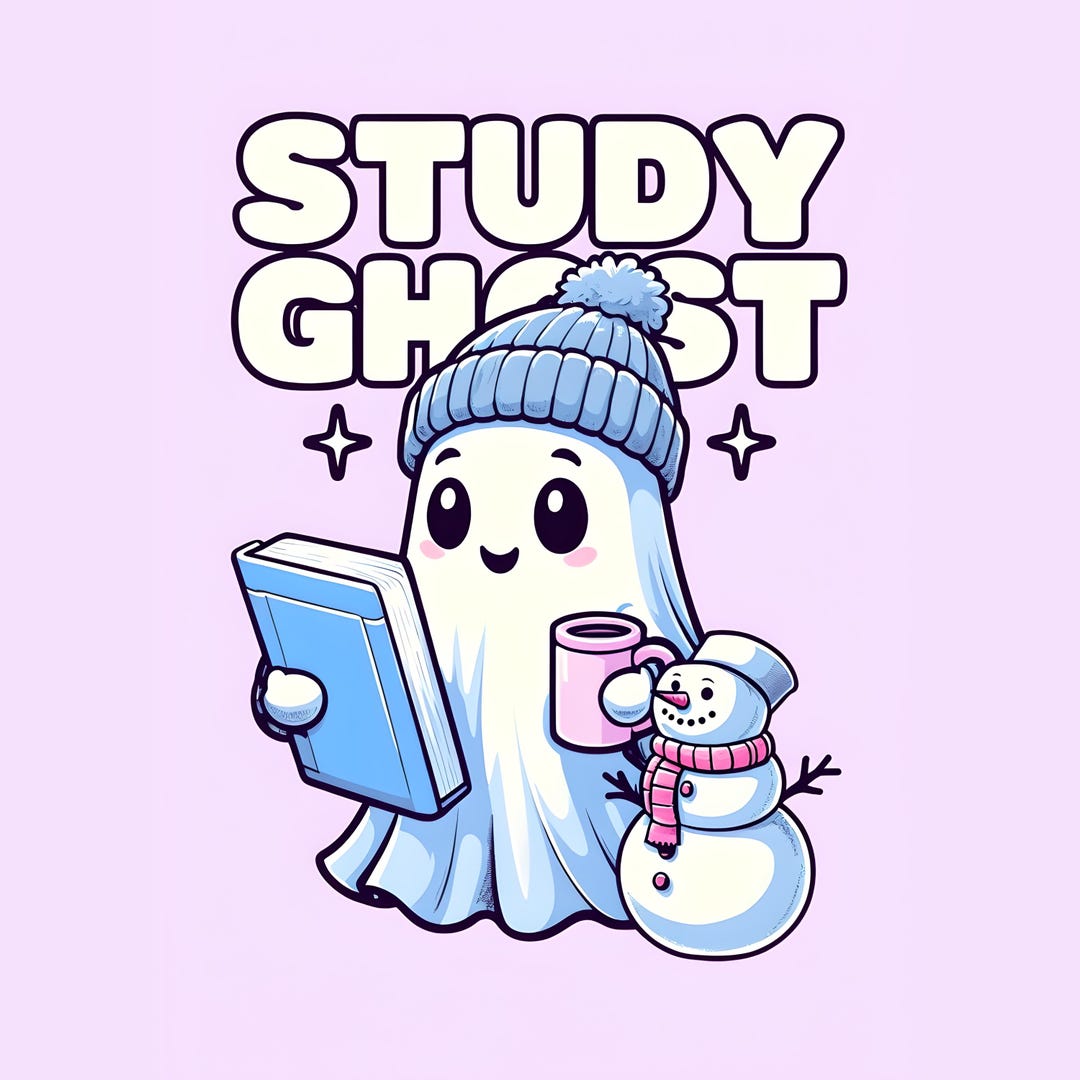 Study Winter Ghost PNG Clipart, Kawaii Book and Coffee in Preppy Style ...