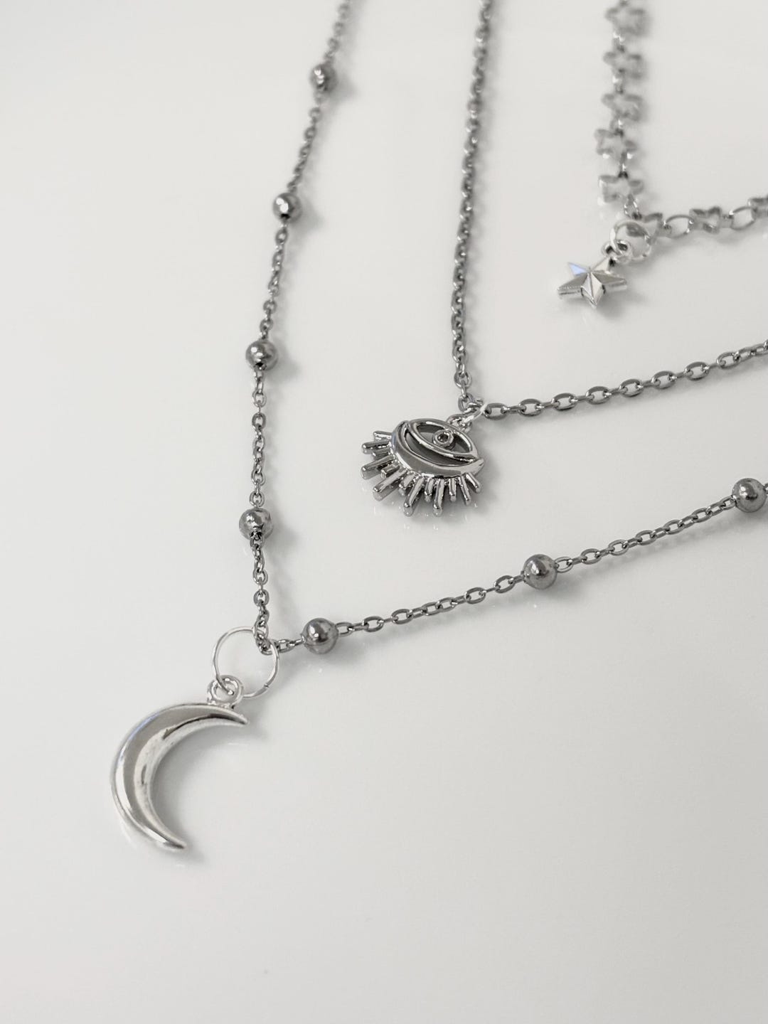 Layered Celestial Necklace Trio| Star Moon Pendants on Stainless Steel ...