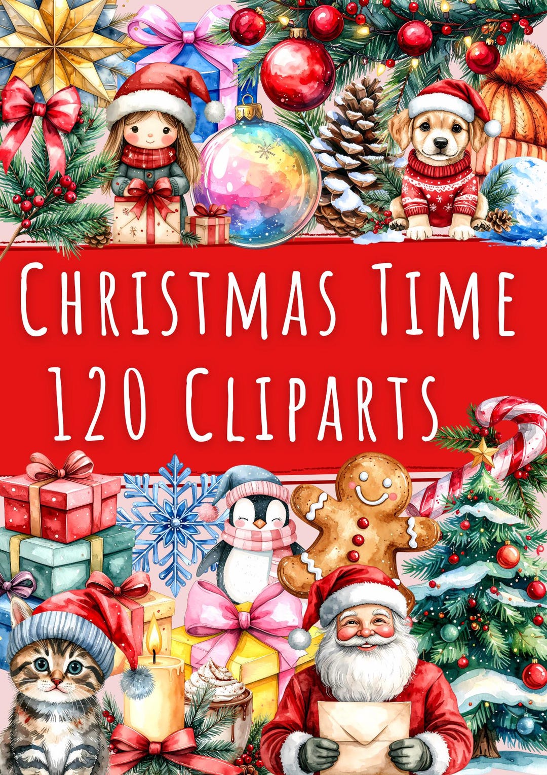 120 Watercolor Christmas Clipart PNG Set - Cozy Winter Holiday Graphics ...