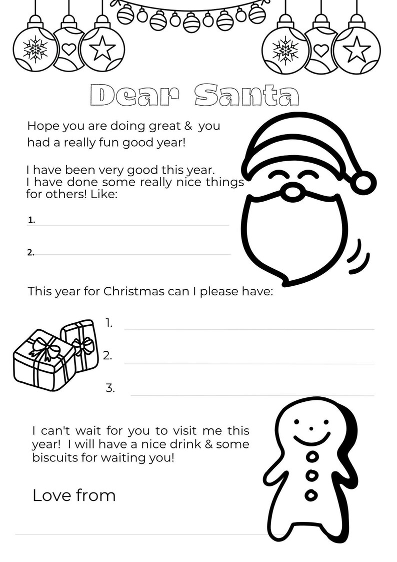 Santa Letter Coloring Page, Printable Christmas Wish List, Kids Holiday ...