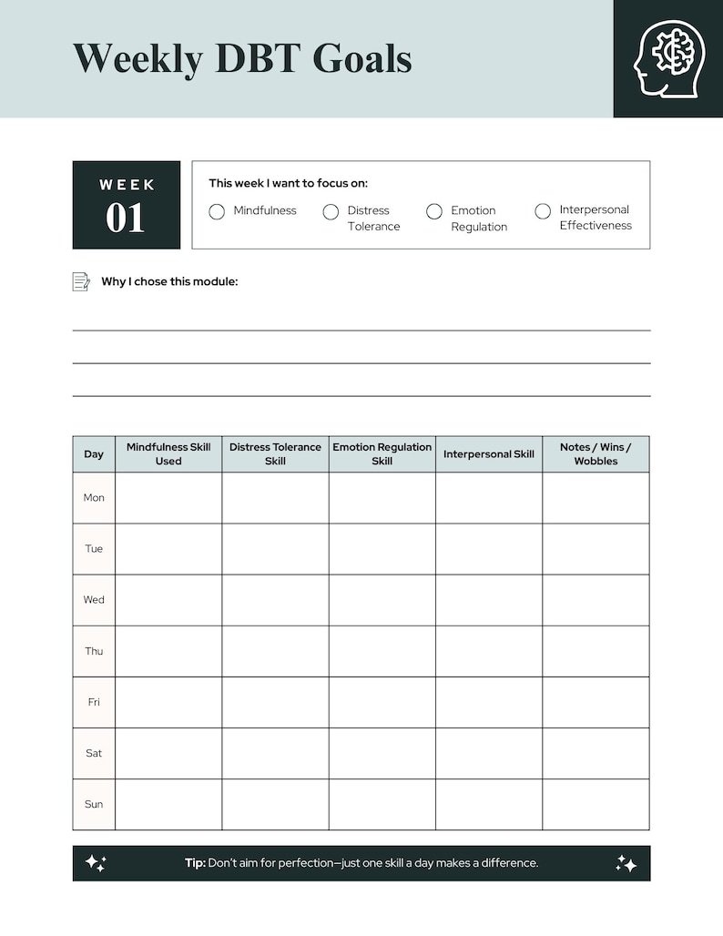 DBT Skills Planner for Adults | Printable Mental Health Journal ...