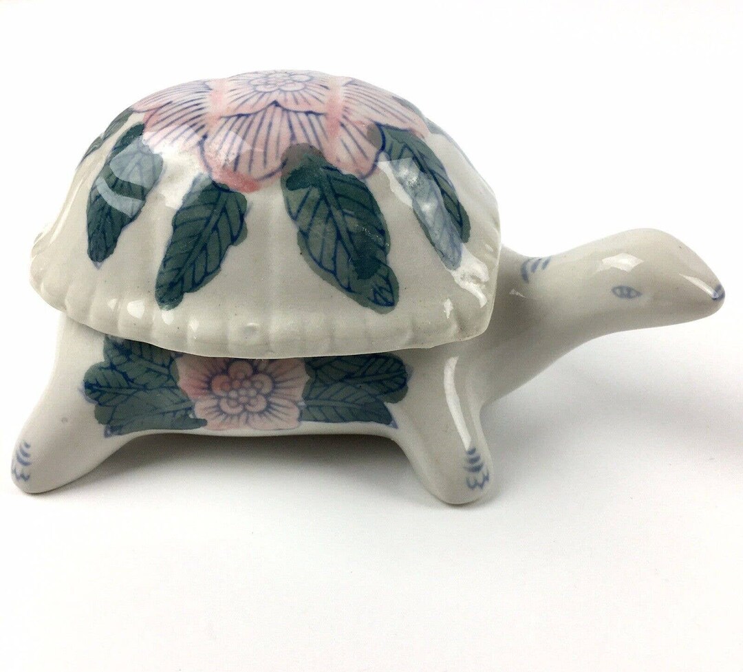 Vintage White Blue Ceramic Turtle Tortoise Trinket Box With Floral ...